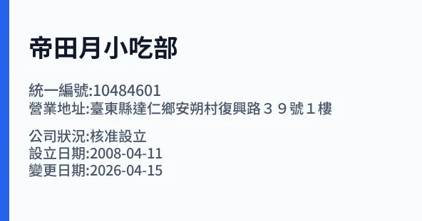 帝田月小吃部的照片-統編 10484601(臺東縣) 公司登記資料與營業項目詳細圖表