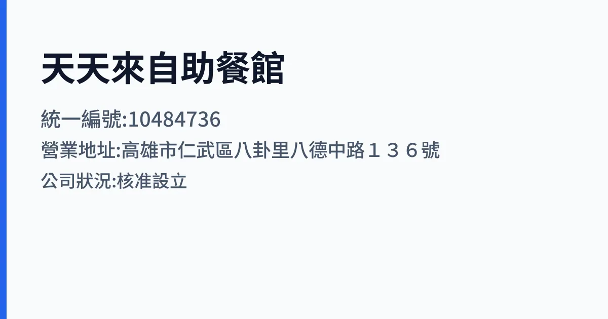天天來自助餐館 - 統編 10484736(高雄市) 公司登記資料與營業項目詳細圖表