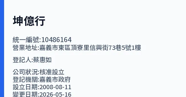 坤億行的照片-統編 10486164(嘉義市) 公司登記資料與營業項目詳細圖表
