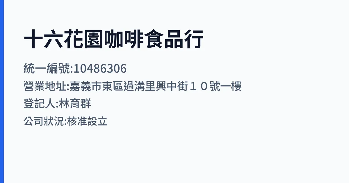十六花園咖啡食品行 - 統編 10486306(嘉義市) 公司登記資料與營業項目詳細圖表