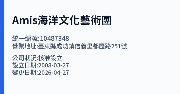 Amis海洋文化藝術團的照片-統編 10487348(臺東縣) 公司登記資料與營業項目詳細圖表