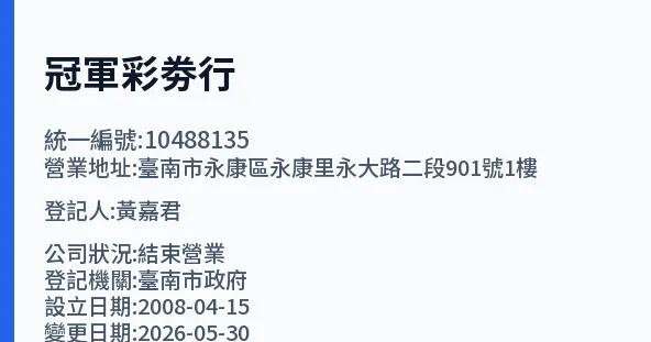 冠軍彩劵行的照片-統編 10488135(臺南市) 公司登記資料與營業項目詳細圖表