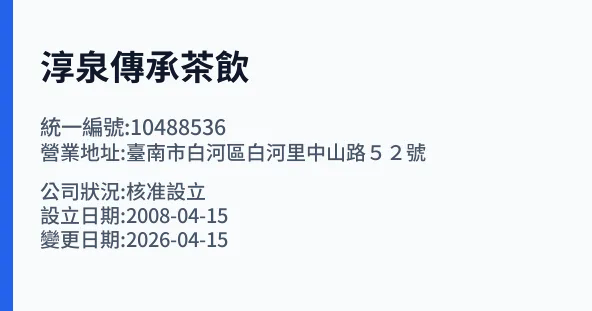 淳泉傳承茶飲的照片-統編 10488536(臺南市) 公司登記資料與營業項目詳細圖表