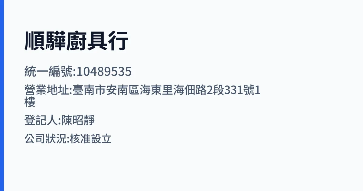 順驊廚具行 - 統編 10489535(臺南市) 公司登記資料與營業項目詳細圖表