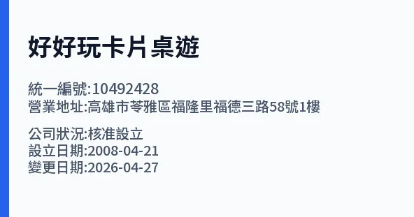 好好玩卡片桌遊的照片-統編 10492428(高雄市) 公司登記資料與營業項目詳細圖表