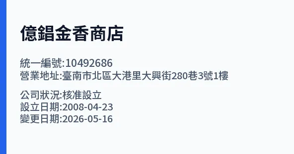 億錩金香商店的照片-統編 10492686(臺南市) 公司登記資料與營業項目詳細圖表