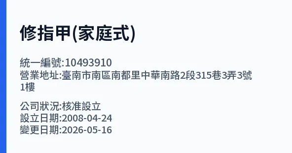 修指甲(家庭式)的照片-統編 10493910(臺南市) 公司登記資料與營業項目詳細圖表