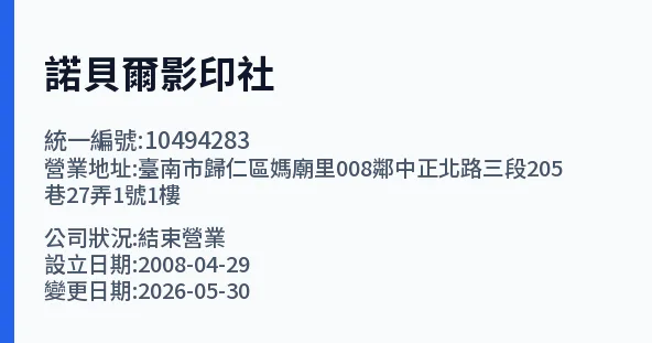 諾貝爾影印社的照片-統編 10494283(臺南市) 公司登記資料與營業項目詳細圖表