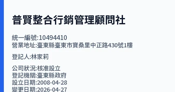 普賢整合行銷管理顧問社的照片-統編 10494410(臺東縣) 公司登記資料與營業項目詳細圖表