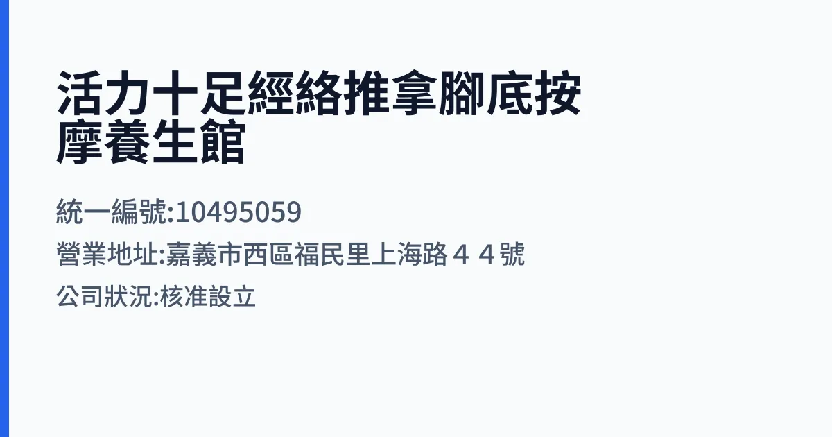 活力十足經絡推拿腳底按摩養生館 - 統編 10495059(嘉義市) 公司登記資料與營業項目詳細圖表
