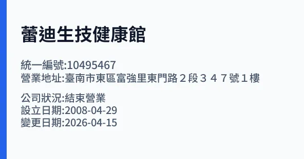 蕾迪生技健康館的照片-統編 10495467(臺南市) 公司登記資料與營業項目詳細圖表