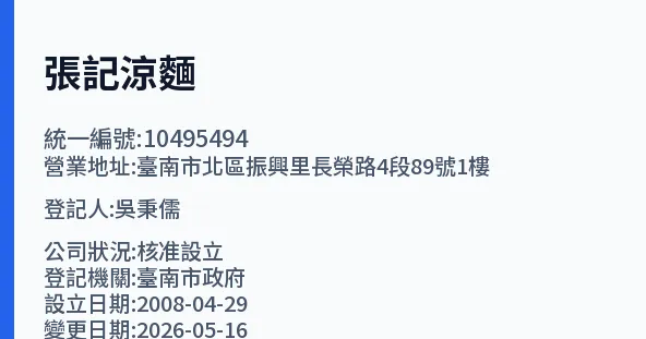 張記涼麵的照片-統編 10495494(臺南市) 公司登記資料與營業項目詳細圖表
