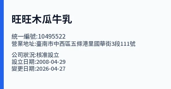 旺旺木瓜牛乳的照片-統編 10495522(臺南市) 公司登記資料與營業項目詳細圖表