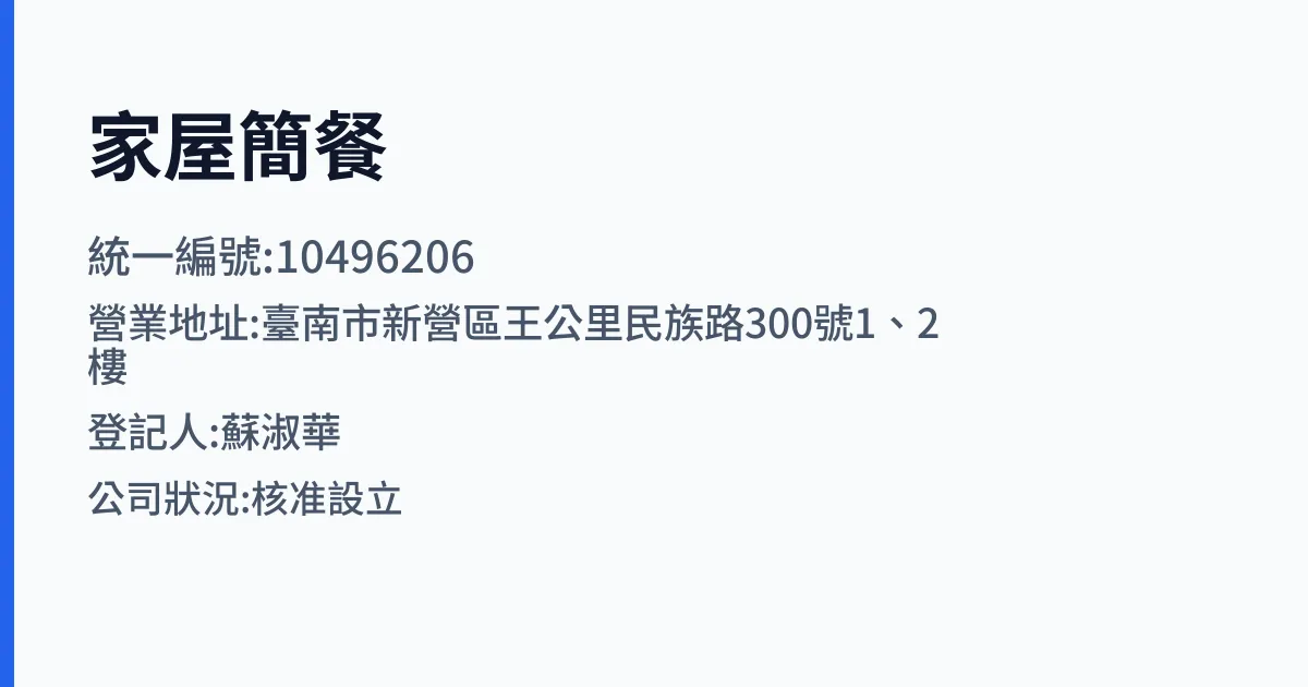 家屋簡餐 - 統編 10496206(臺南市) 公司登記資料與營業項目詳細圖表