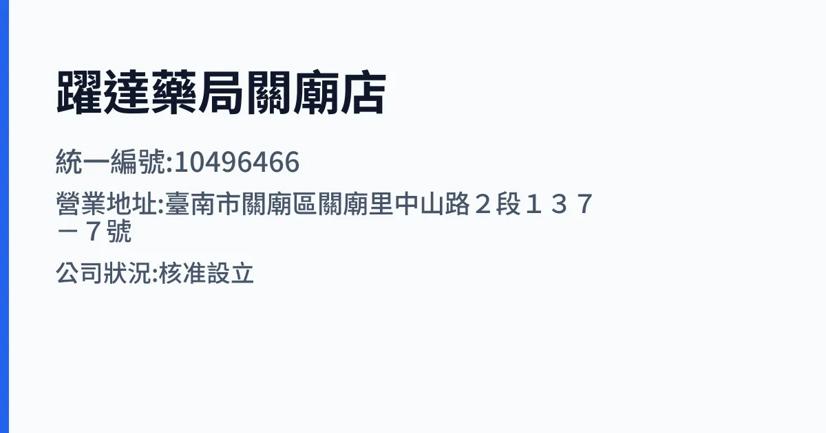 躍達藥局關廟店 - 統編 10496466(臺南市) 公司登記資料與營業項目詳細圖表