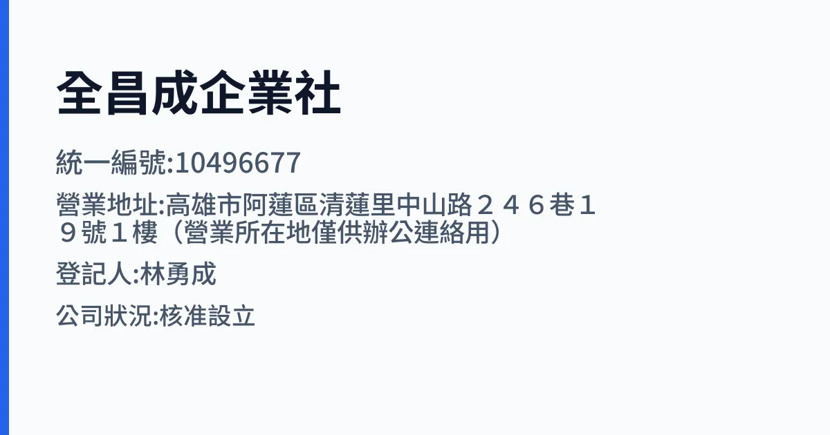 全昌成企業社 - 統編 10496677(高雄市) 公司登記資料與營業項目詳細圖表