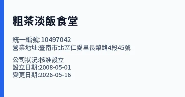 粗茶淡飯食堂的照片-統編 10497042(臺南市) 公司登記資料與營業項目詳細圖表