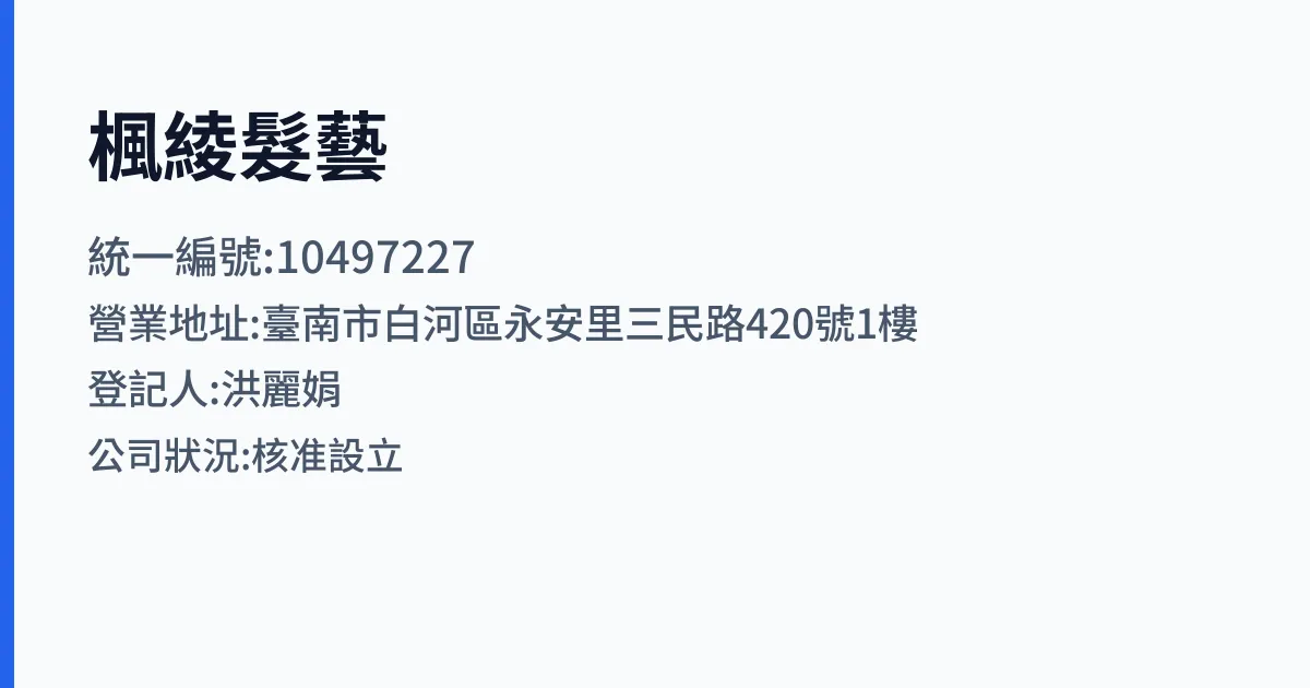 楓綾髮藝 - 統編 10497227(臺南市) 公司登記資料與營業項目詳細圖表