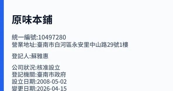 原味本鋪的照片-統編 10497280(臺南市) 公司登記資料與營業項目詳細圖表