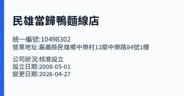 民雄當歸鴨麵線店的照片-統編 10498302(嘉義縣) 公司登記資料與營業項目詳細圖表