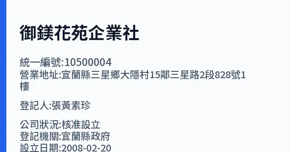 御鎂花苑企業社的照片-統編 10500004(宜蘭縣) 公司登記資料與營業項目詳細圖表