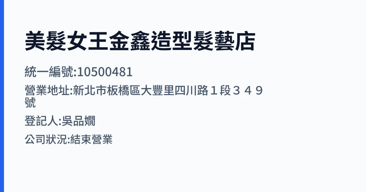 美髮女王金鑫造型髮藝店 - 統編 10500481(新北市) 公司登記資料與營業項目詳細圖表