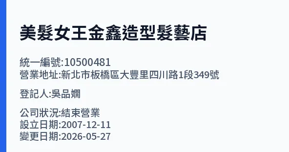 美髮女王金鑫造型髮藝店的照片-統編 10500481(新北市) 公司登記資料與營業項目詳細圖表