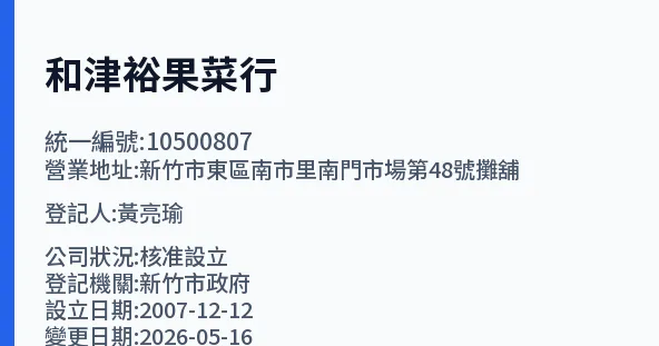 和津裕果菜行的照片-統編 10500807(新竹市) 公司登記資料與營業項目詳細圖表