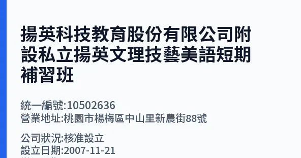 揚英科技教育股份有限公司附設私立揚英文理技藝美語短期補習班的照片-統編 10502636(桃園市) 公司登記資料與營業項目詳細圖表