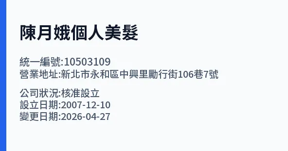 陳月娥個人美髮的照片-統編 10503109(新北市) 公司登記資料與營業項目詳細圖表