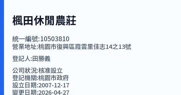 楓田休閒農莊的照片-統編 10503810(桃園市) 公司登記資料與營業項目詳細圖表