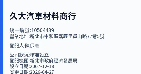 久大汽車材料商行的照片-統編 10504439(新北市) 公司登記資料與營業項目詳細圖表