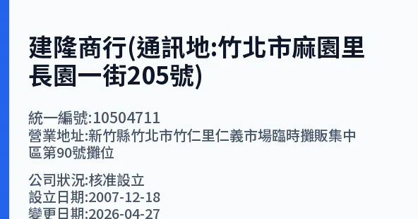 建隆商行(通訊地:竹北市麻園里長園一街205號)的照片-統編 10504711(新竹縣) 公司登記資料與營業項目詳細圖表