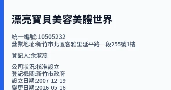 漂亮寶貝美容美體世界的照片-統編 10505232(新竹市) 公司登記資料與營業項目詳細圖表