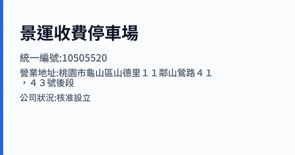 景運收費停車場 - 統編 10505520(桃園市) 公司登記資料與營業項目詳細圖表