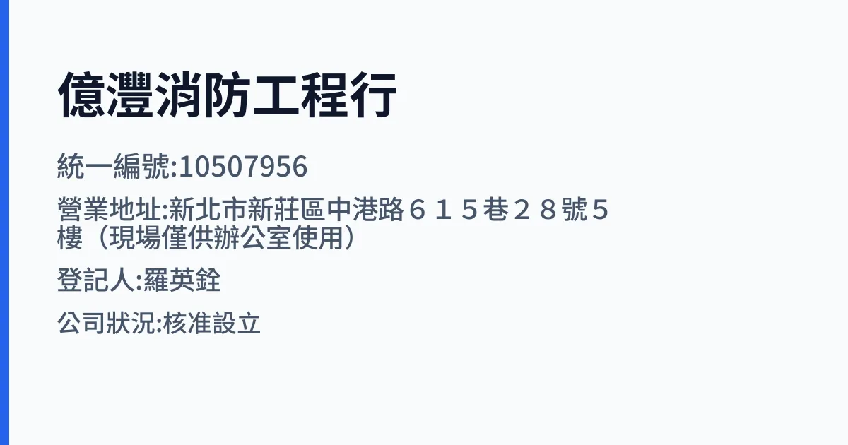 億灃消防工程行 - 統編 10507956(新北市) 公司登記資料與營業項目詳細圖表