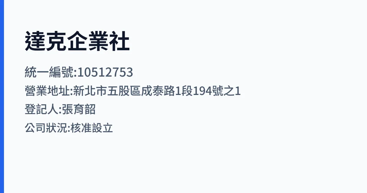 達克企業社 - 統編 10512753（新北市） 公司登記資料與營業項目詳細圖表