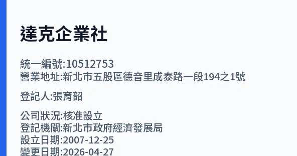 達克企業社的照片-統編 10512753(新北市) 公司登記資料與營業項目詳細圖表