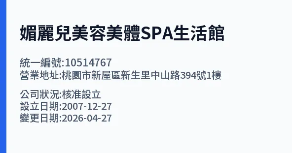 媚麗兒美容美體SPA生活館的照片-統編 10514767(桃園市) 公司登記資料與營業項目詳細圖表
