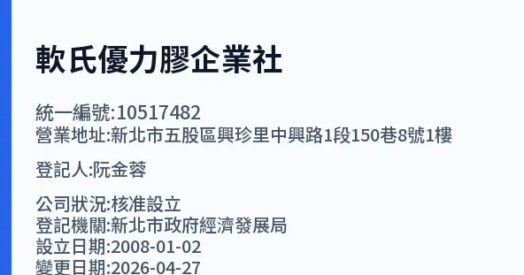 軟氏優力膠企業社的照片-統編 10517482(新北市) 公司登記資料與營業項目詳細圖表