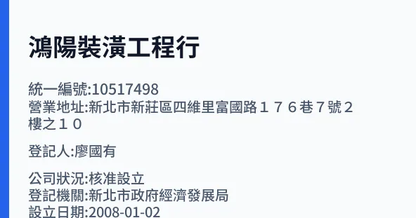 鴻陽裝潢工程行的照片-統編 10517498(新北市) 公司登記資料與營業項目詳細圖表