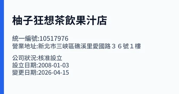 柚子狂想茶飲果汁店的照片-統編 10517976(新北市) 公司登記資料與營業項目詳細圖表