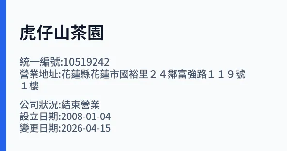 虎仔山茶園的照片-統編 10519242(花蓮縣) 公司登記資料與營業項目詳細圖表
