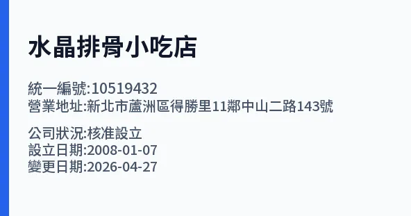 水晶排骨小吃店的照片-統編 10519432(新北市) 公司登記資料與營業項目詳細圖表