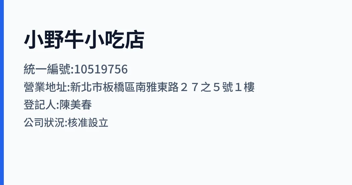 小野牛小吃店 - 統編 10519756(新北市) 公司登記資料與營業項目詳細圖表