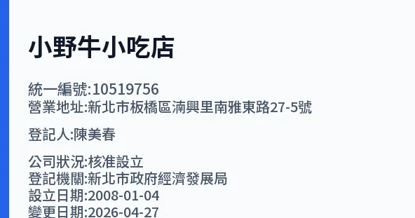 小野牛小吃店的照片-統編 10519756(新北市) 公司登記資料與營業項目詳細圖表