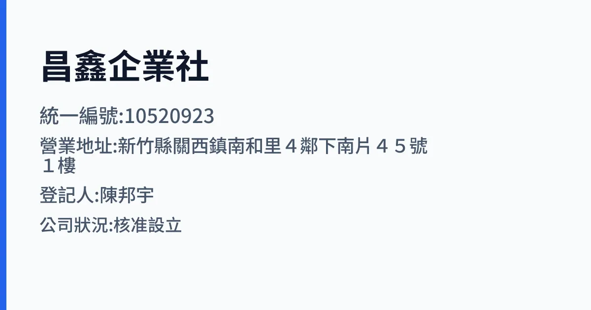 昌鑫企業社 - 統編 10520923(新竹縣) 公司登記資料與營業項目詳細圖表