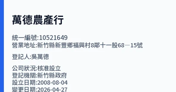 萬德農產行的照片-統編 10521649(新竹縣) 公司登記資料與營業項目詳細圖表