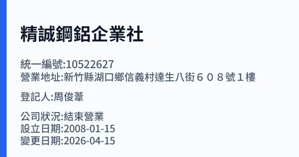 精誠鋼鋁企業社的照片-統編 10522627(新竹縣) 公司登記資料與營業項目詳細圖表