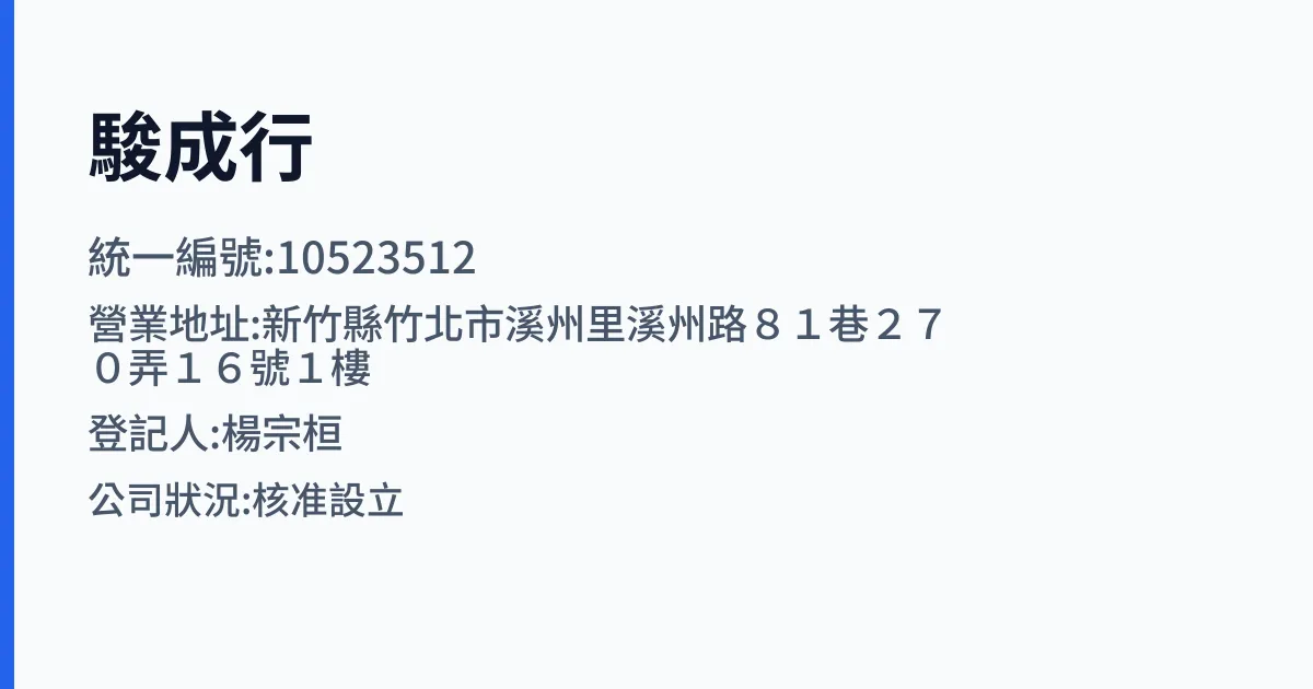 駿成行 - 統編 10523512(新竹縣) 公司登記資料與營業項目詳細圖表